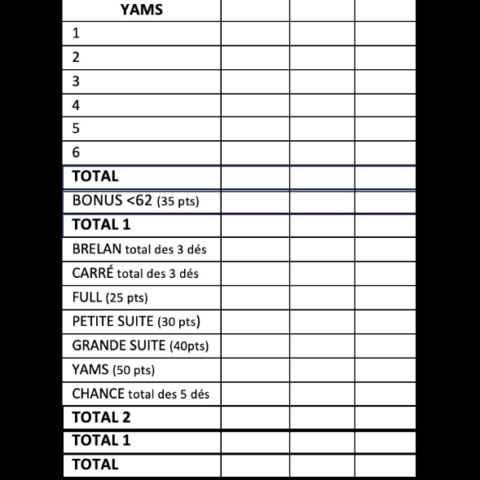 Règle du jeu "Yams ou Yahtzee" . Cartes & Cie